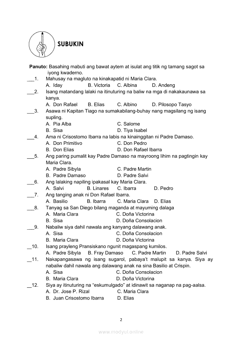 Solution Grade 9 Filipino Practice Quiz Noli Me Tangere Studypool 