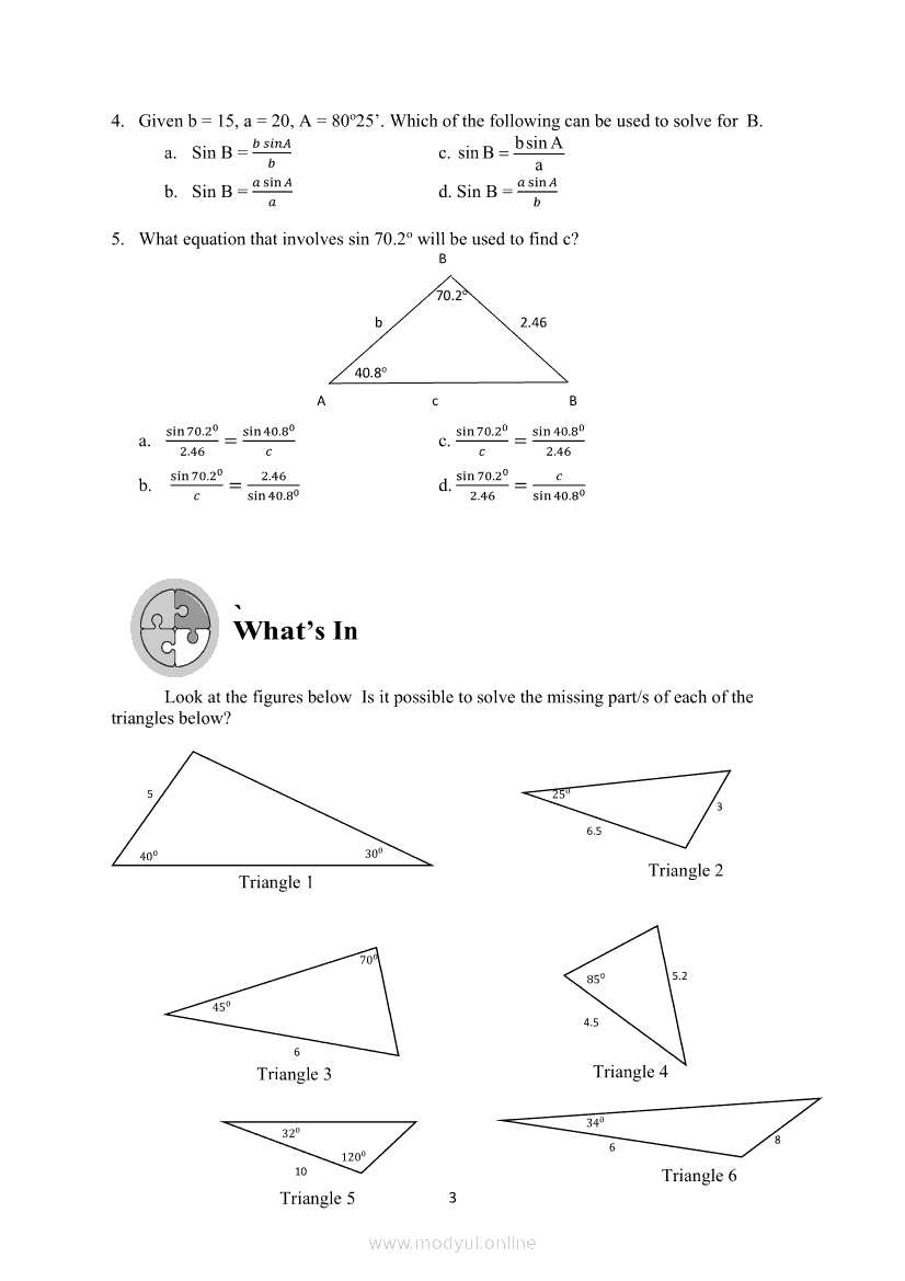 MATHEMATICS Quarter 4 Module 5 THE LAW OF SINE Grade 9 Modules